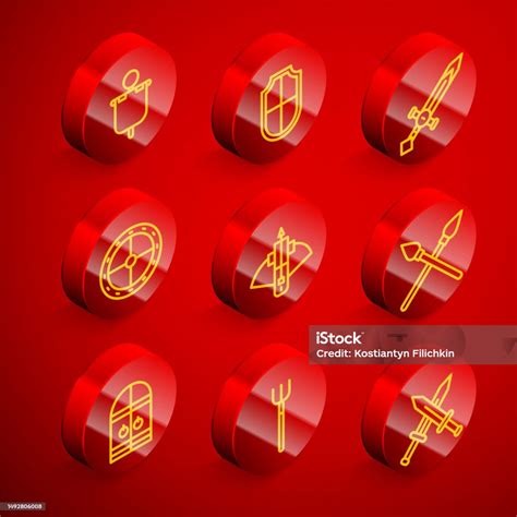 중세 깃발 방패 검 둥근 나무 방패 화살이 달린 전투 석궁 교차 중세 창 성문 및 정원 갈퀴 아이콘을 설정하십시오 벡터 3차원 형태에 대한 스톡 벡터 아트 및 기타 이미지