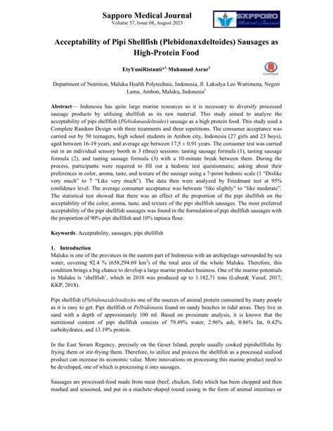 Pdf Acceptability Of Pipi Shellfish Plebidonaxdeltoides Sausages As High Protein Food
