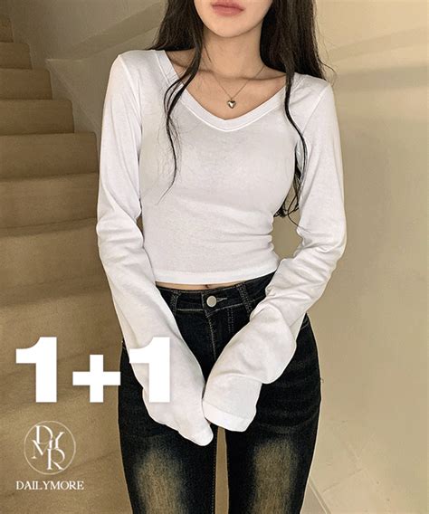 [1 1할인 6color] 여리섹시 브이넥 슬림핏 면 무지 크롭 긴팔 티셔츠 긴팔티 크롭티 에이블리