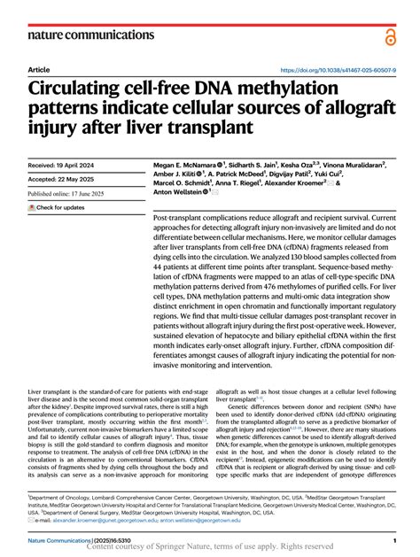 Pdf Circulating Cell Free Dna Methylation Patterns Indicate Cellular Sources Of Allograft