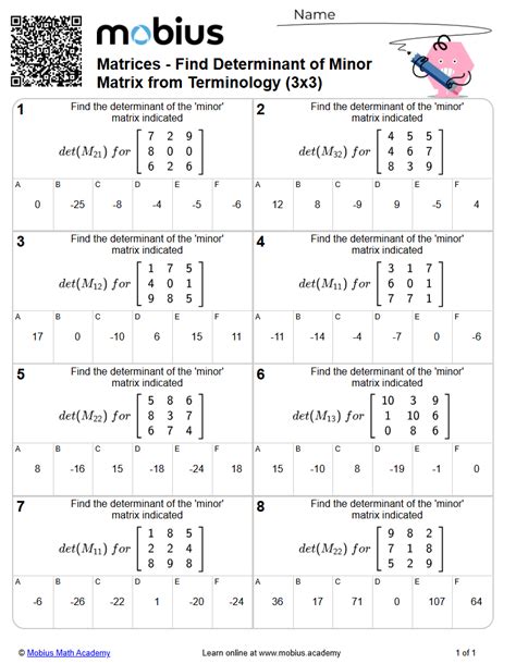 Free Printable Math Worksheet Matrices Find Determinant Of Minor