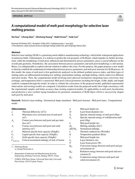 A Computational Model Of Melt Pool Morphology For Selective Laser