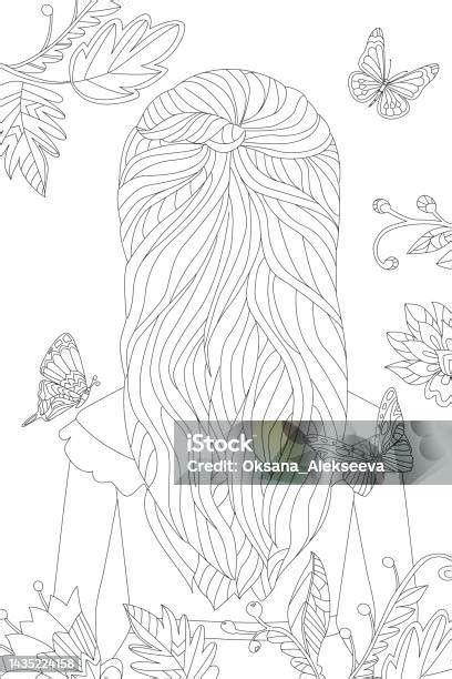 긴 물결 모양의 머리카락을 가진 예쁜 소녀가 그녀의 등을 들고 서 있습니다 당신의 색칠 공부 책을위한 패션 헤어 스타일 색칠하기에 대한 스톡 벡터 아트 및 기타 이미지