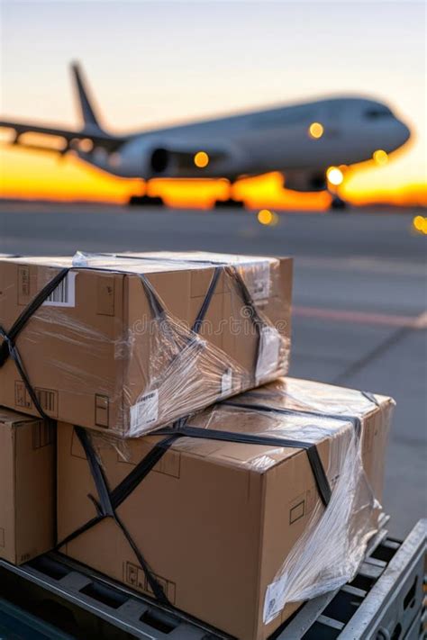 Medium Shot Slightly Low Perspective Of A Stack Of Cargo Boxes On A Pallet Near An Airplane At