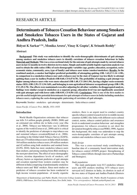 Pdf Determinants Of Tobacco Cessation Behaviour Among Smokers And