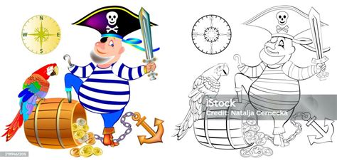 색칠 공부를 위한 다채롭고 흑백 패턴 앵무새와 함께 재미 있는 해적의 그림 어린이와 성인을 위한 워크시트 벡터 이미지입니다 개체 그룹에 대한 스톡 벡터 아트 및 기타 이미지