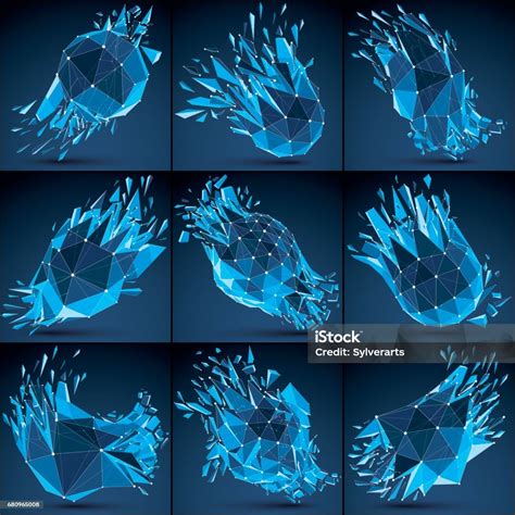 3d 벡터 낮은 폴 리 개체와 파란색 연결 된 선과 점 굴절 기하학적 와이어 프레임 모양의 집합입니다 변형 된 원근법이 부서진 형태 발광 효과 통신 기술 3차원 형태에 대한
