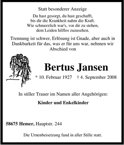 Traueranzeigen Von Bertus Jansen Trauer In Nrw De