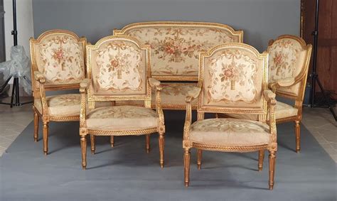 Louis Xvi Living Room Furniture In Gilded Wood And Aubusson Tapestry