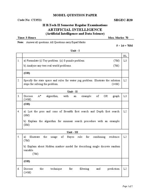 artificial intelligence model question paper pdf algorithms