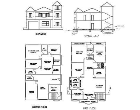 Two Level House Elevation Section Ground And First Floor Plan Details Dwg File One Floor