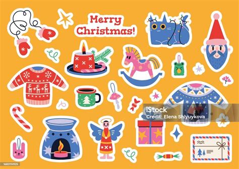 새해와 크리스마스 속성과 트렌디한 글자 만화 스타일의 귀여운 스티커팩 플래너와 일기를 위한 스티커 세트 벡터 플랫 일러스트레이션 노트북 불렛 저널 장식 개구리에 대한 스톡