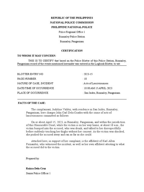 Certification Of Police Blotter Pdf