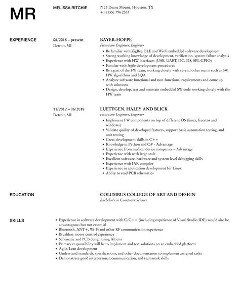 Firmware Engineer Engineer Resume Samples Velvet Jobs