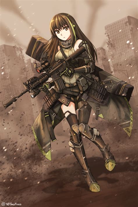Safebooru 1girl Ammunition Pouch Assault Rifle Asymmetrical Legwear