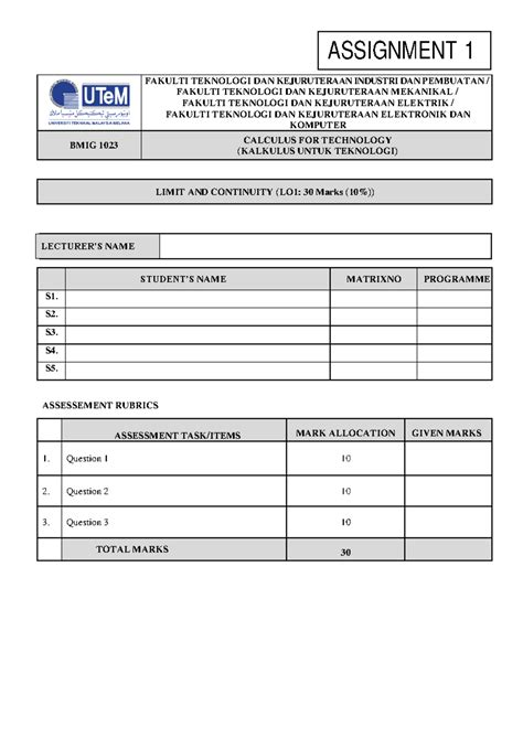 BMIG1023 Assignment FAKULTI TEKNOLOGI DAN KEJURUTERAAN INDUSTRI DAN PEMBUATAN FAKULTI