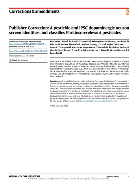 Pdf Publisher Correction A Pesticide And Ipsc Dopaminergic Neuron Screen Identifies And