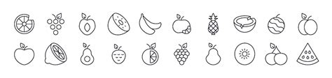 수박 코코넛 포도 및 기타 과일의 라인 아이콘 번들입니다 편집 가능한 스트로크 카드 앱 배너 게시물 디자인을 위한 미니멀한 선형 그림 0명에 대한 스톡 벡터 아트 및 기타