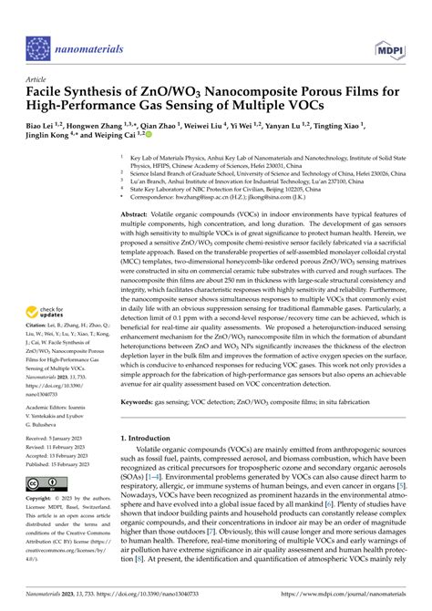 Pdf Facile Synthesis Of Znowo3 Nanocomposite Porous Films For High Performance Gas Sensing Of