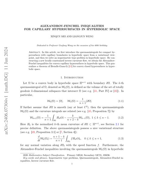 Pdf Alexandrov Fenchel Inequalities For Capillary Hypersurfaces In Hyperbolic Space