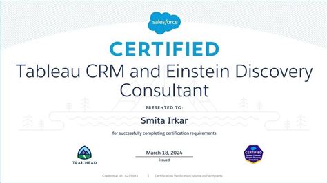 Smita Irkar On Linkedin Tableaucrm Einsteindiscovery Certification Teqfocus Salesforce