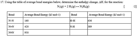 17 using the table of average bond energies below determine the enthalpy change ah for the ...