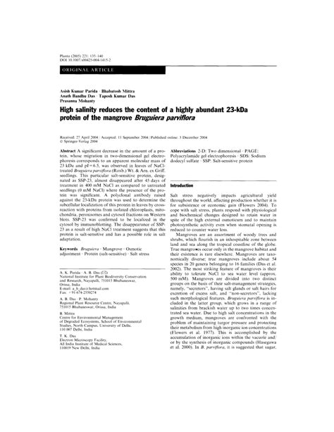 Pdf High Salinity Reduces The Content Of A Highly Abundant 23 Kda Protein Of The Mangrove