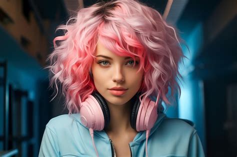 Premium Photo A Cute Woman In Headphones Is Smiling On A Pinkblue