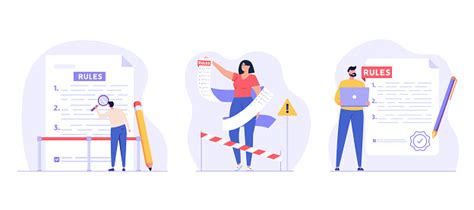 규칙 및 규정 회사 정책 기업 법률 및 비즈니스 윤리의 개념 규칙 및 규정 표준의 체크리스트를 공부하는 비즈니스 사람들 플랫 디자인의 벡터 일러스트레이션 복종에 대한 스톡