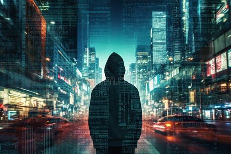 Double Exposure Image Of Anonymous Hacker In A Hoodie In The Night In