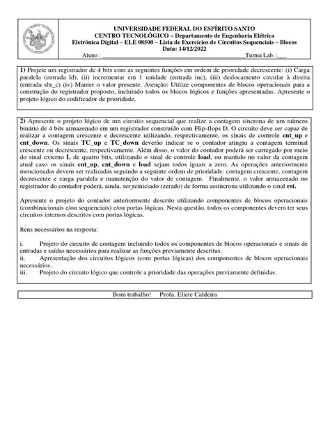 Lista De Exercícios Circuitos Sequenciais Blocos Pdf