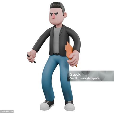 만화 3d 예술적 모델 한 남성 시나리오 작가가 양손에 펜과 클립보드를 들고 관찰하는 표정으로 서 있다 아티스틱 일러스트레이션 3차원 형태에 대한 스톡 사진 및 기타 이미지