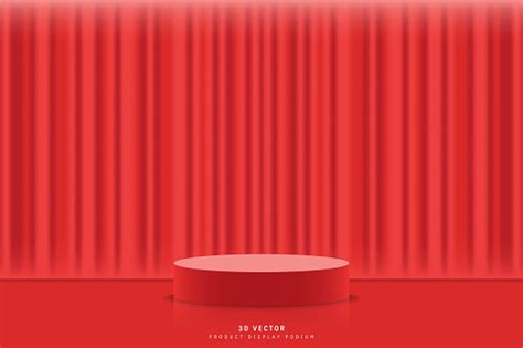 추상적인 3d 빨간 실린더 연단 받침대 무대는 호화로운 커튼 배경으로 현실적이다 쇼 제품 모형 또는 템플릿을 위한 무대 3d 벡터 렌더링 제품 배치 또는 홍보를 위한 디자인