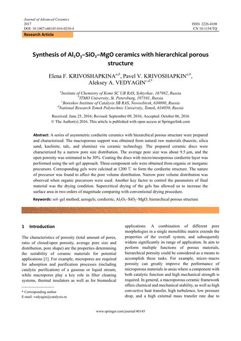 Pdf Synthesis Of Al2o3sio2mgo Ceramics With Hierarchical Porous Structure