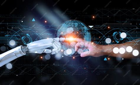 Premium Photo Hands Of Robot And Human Touching On Big Data Network Connection Background Ai