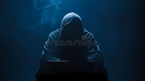 Hooded Hacker Committing Cyber Crime Using Laptop In Dark Room Stock