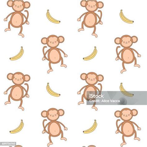 귀여운 만화 원숭이 바나나 원활한 벡터 패턴 배경 일러스트 과일에 대한 스톡 벡터 아트 및 기타 이미지 과일 귀여운 낙서