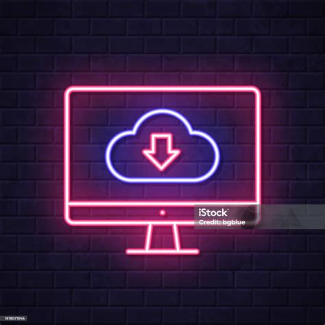 데스크톱 컴퓨터에 클라우드 다운로드 벽돌 벽 배경에 빛나는 네온 아이콘 개념에 대한 스톡 벡터 아트 및 기타 이미지 개념