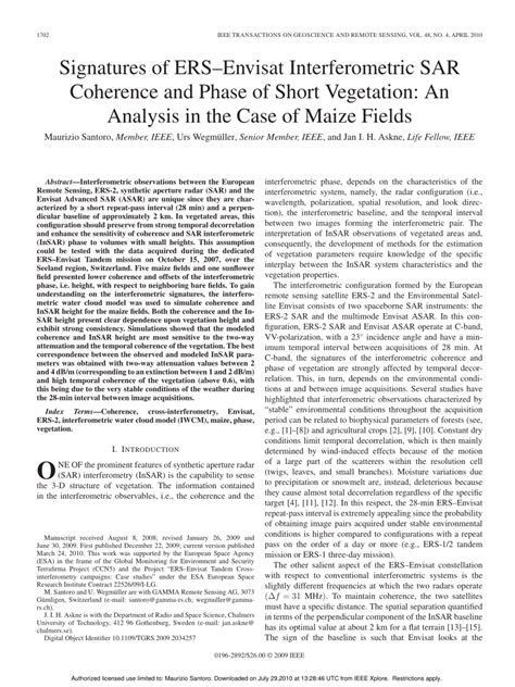 Pdf Signatures Of Ersenvisat Interferometric Sar Coherence And Phase Of Short Vegetation An