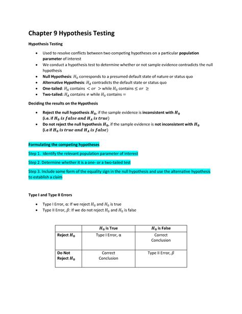 Chapter Notes Notes For Chapter Statistics Chapter Hypothesis Testing Hypothesis