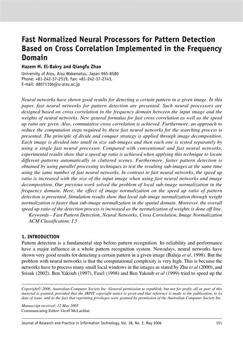 Pdf Fast Normalized Neural Processors For Pattern Detection Based On Cross Correlation