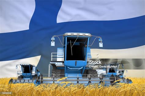 4 밝은 파란색 국기 배경 핀란드 농업 개념과 곡물 필드에 수확기를 결합 산업 3d 그림 3차원 형태에 대한 스톡 사진 및 기타 이미지 Istock