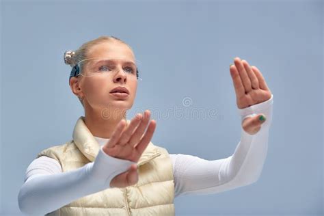Smart Glasses And Augmented Reality Concept Woman Wearing Modern Spectacles With Futuristic