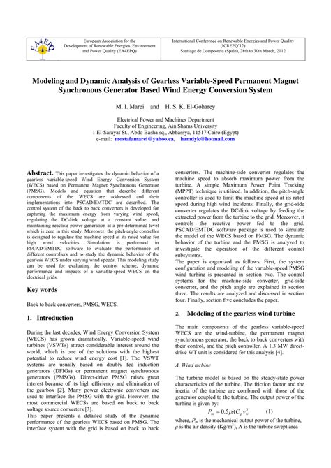 Pdf Modeling And Dynamic Analysis Of Gearless Variable Speed Permanent Magnet Synchronous