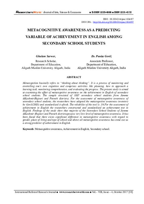 Pdf Metacognitive Awareness As A Predicting Variable Of Achievement In English Among Secondary