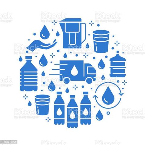 플랫 글리프 아이콘이있는 순수한 물 벡터 원 배너입니다 아쿠아 필터 식수 액체 유리 사무실 쿨러 벡터 일러스트 레이션 병 배달을 위한 실루엣 표지판 물에 대한 스톡 벡터