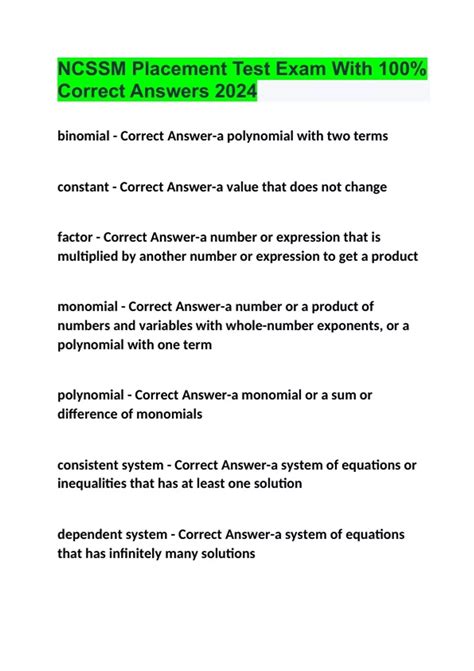 Ncssm Placement Test Exam With 100 Correct Answers 2024 Ncssm