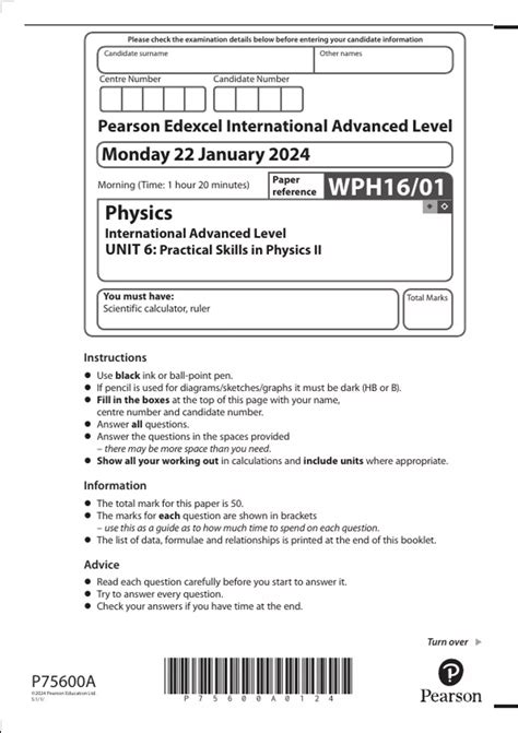 Pearson Edexcel A Level Paper 1 Physics International Advanced Level
