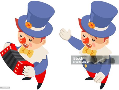 재미 있은 음악 공연 하모니 아코디언 재생 노래 아이소메트릭 서커스 파티 재미 카니발 광대 문자 아이콘 고립 된 3d 평면 디자인 벡터 일러스트 레이 션 3차원 형태에 대한