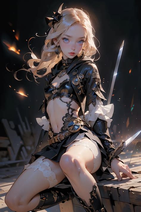 검은 옷을 입은 여자가 칼을 들고 벤치에 앉아 있다 Seaart Ai